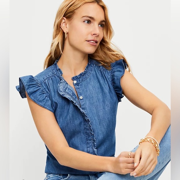 LOFT | Tops | Nwt Loft Petite Chambray Ruffle Top | Poshmark